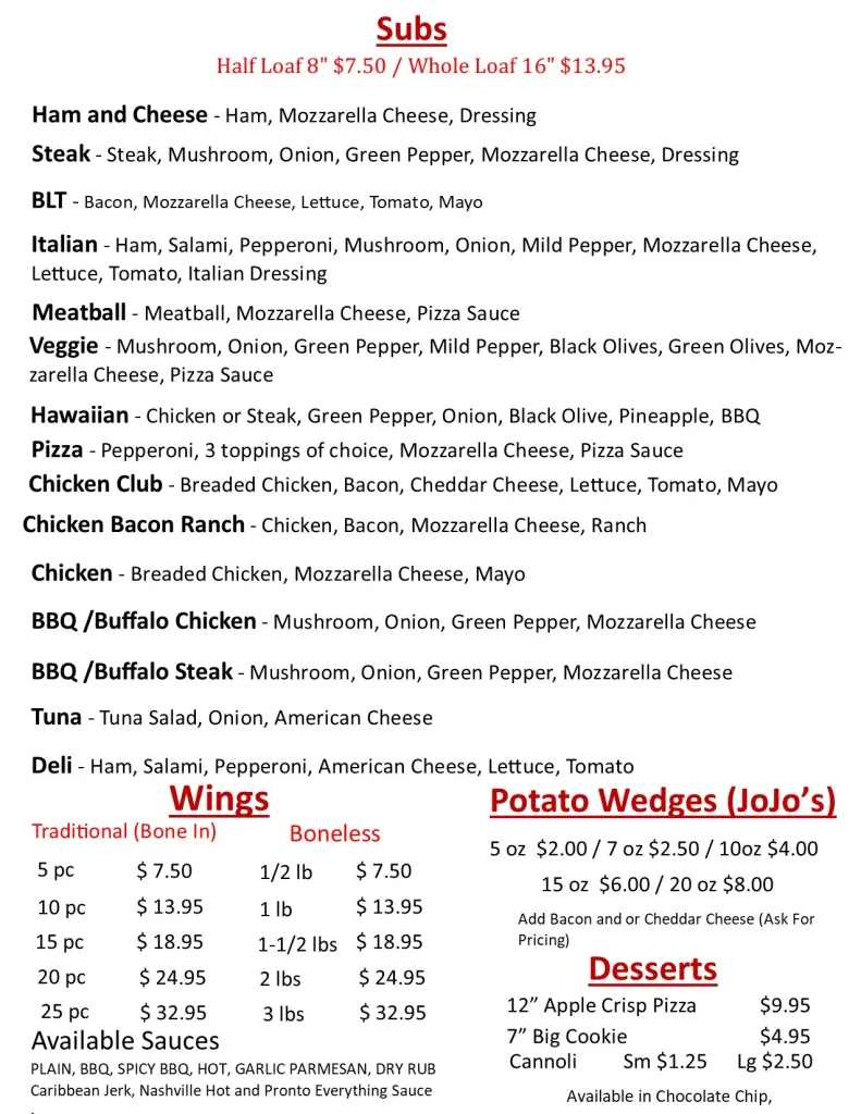 Our Menu - Pronto Pizza Café Pronto